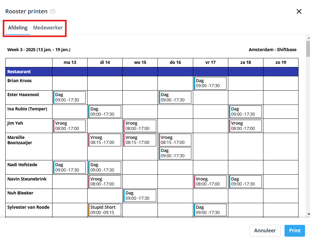 Werkrooster printen