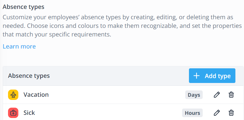 Managing absence types