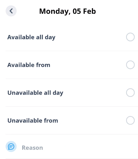 Mobile app: My availability