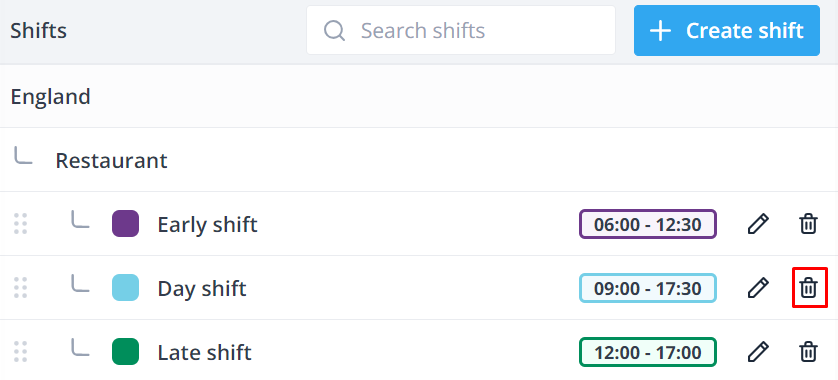 Managing shift types in the settings